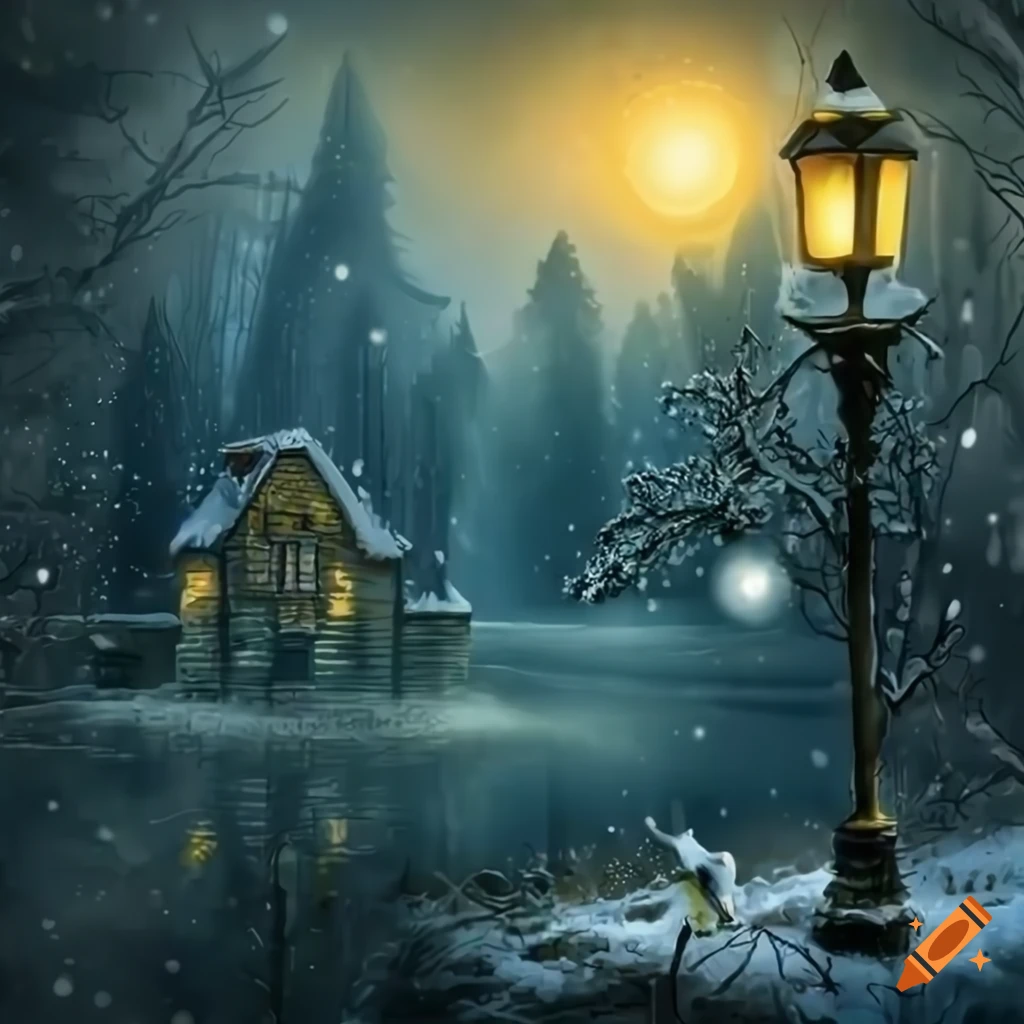 Fantastic snow-covered park with surreal monsters and fantasy elements ...