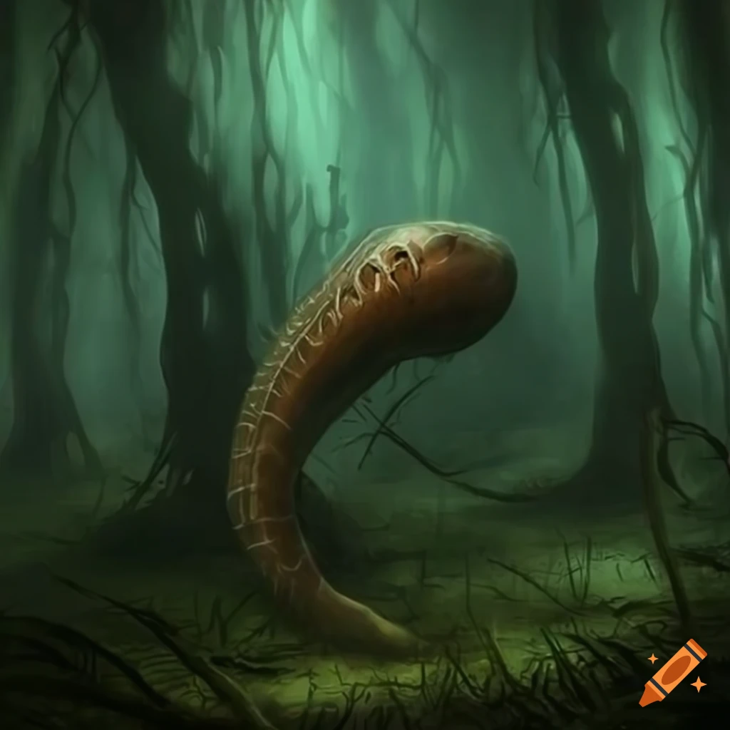 Fantasy art of an alien leech in a swamp