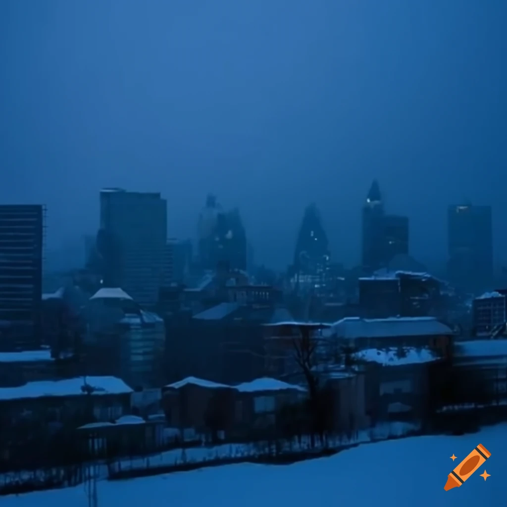 Cityscape during a snowy storm at sunset