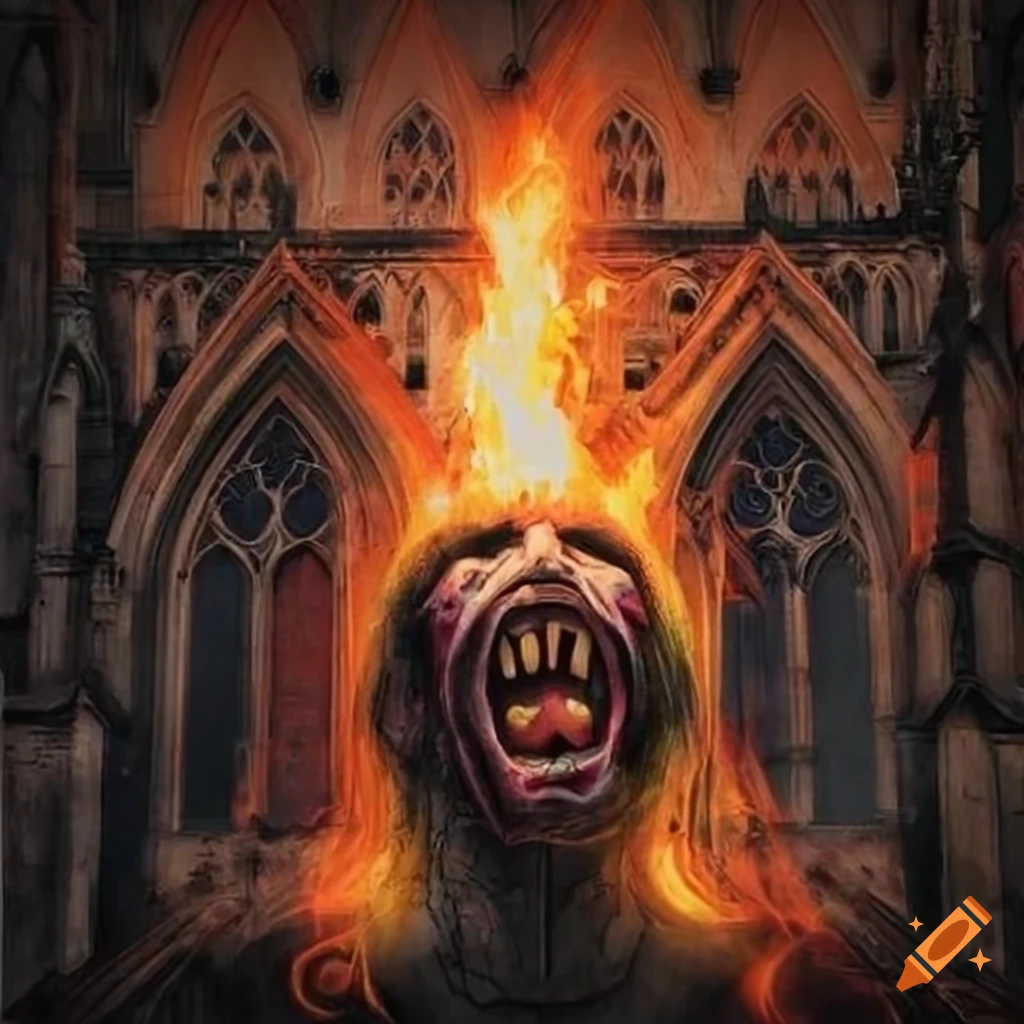 Sinister artwork of flaming screaming head outside gothic church on Craiyon