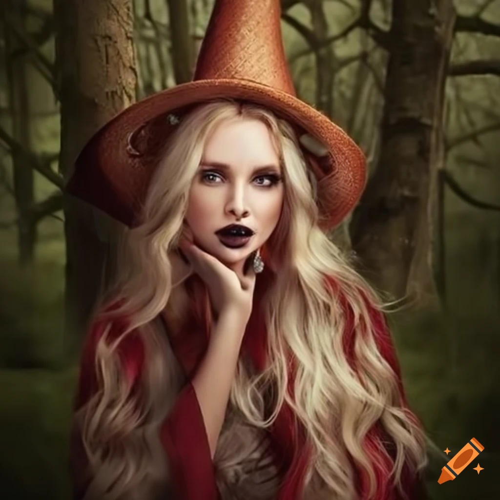 Modern blonde witch with a tree-filled backdrop on Craiyon