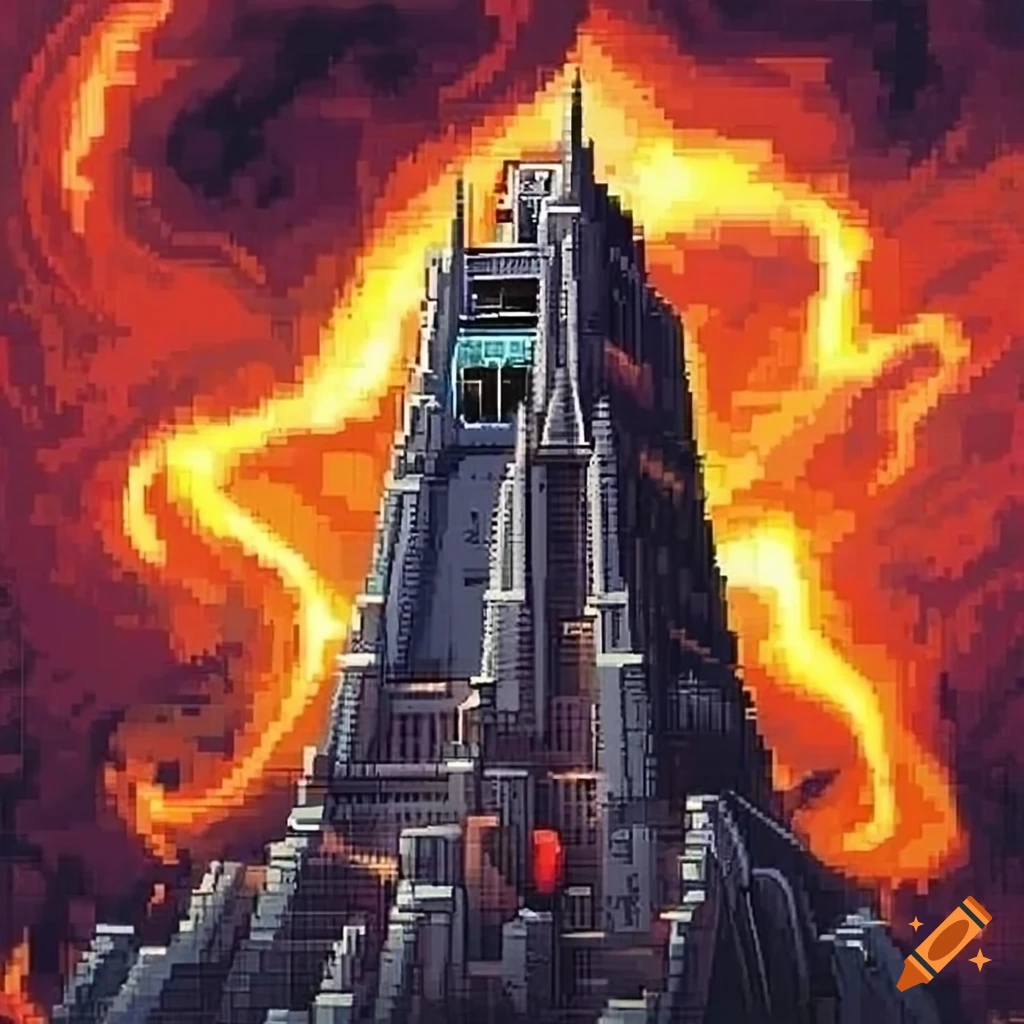 Box art of a tower on fire on Craiyon