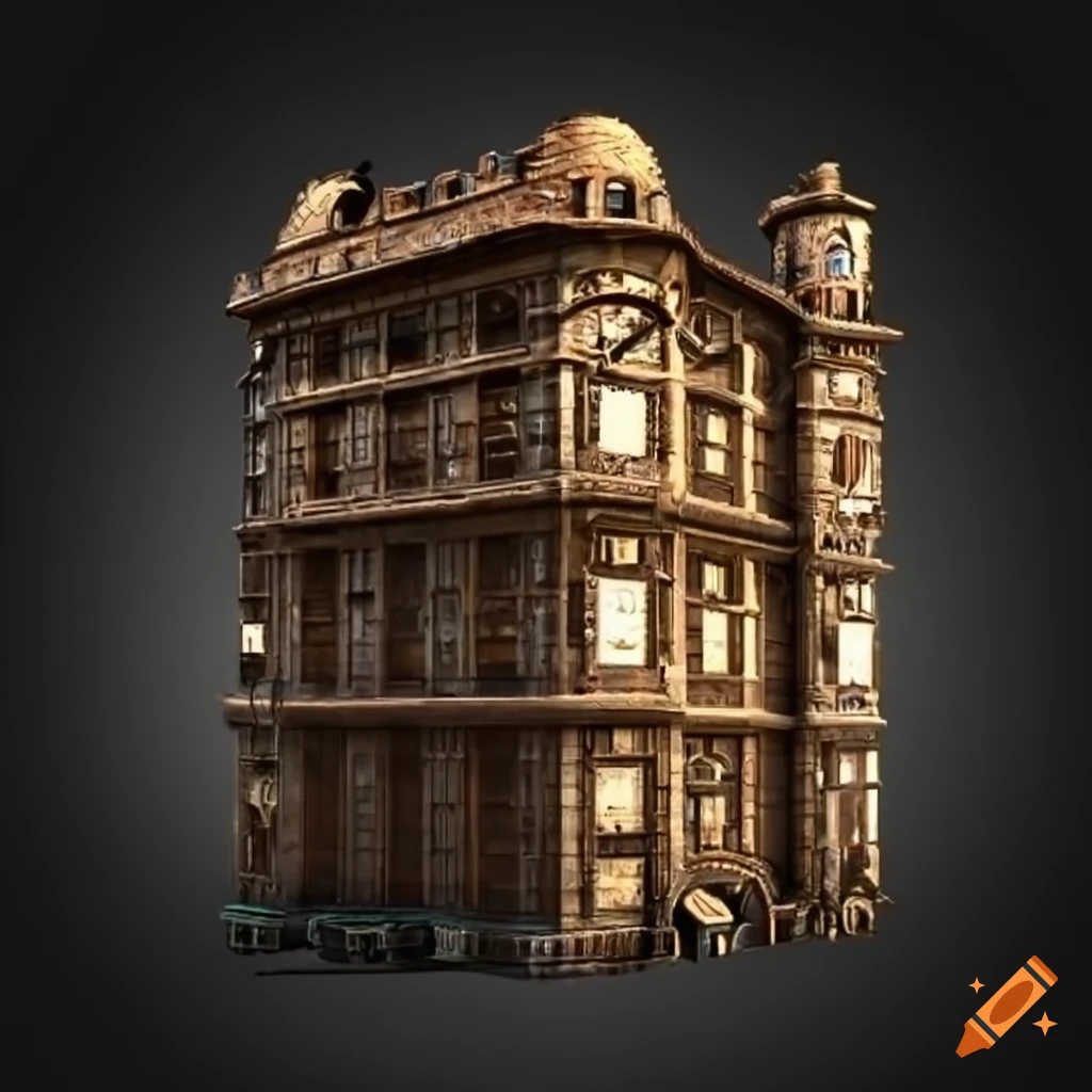 Steampunk-style building with gears and pipes on Craiyon