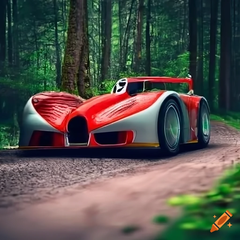Closeup of an alien racecar on a forest road on Craiyon