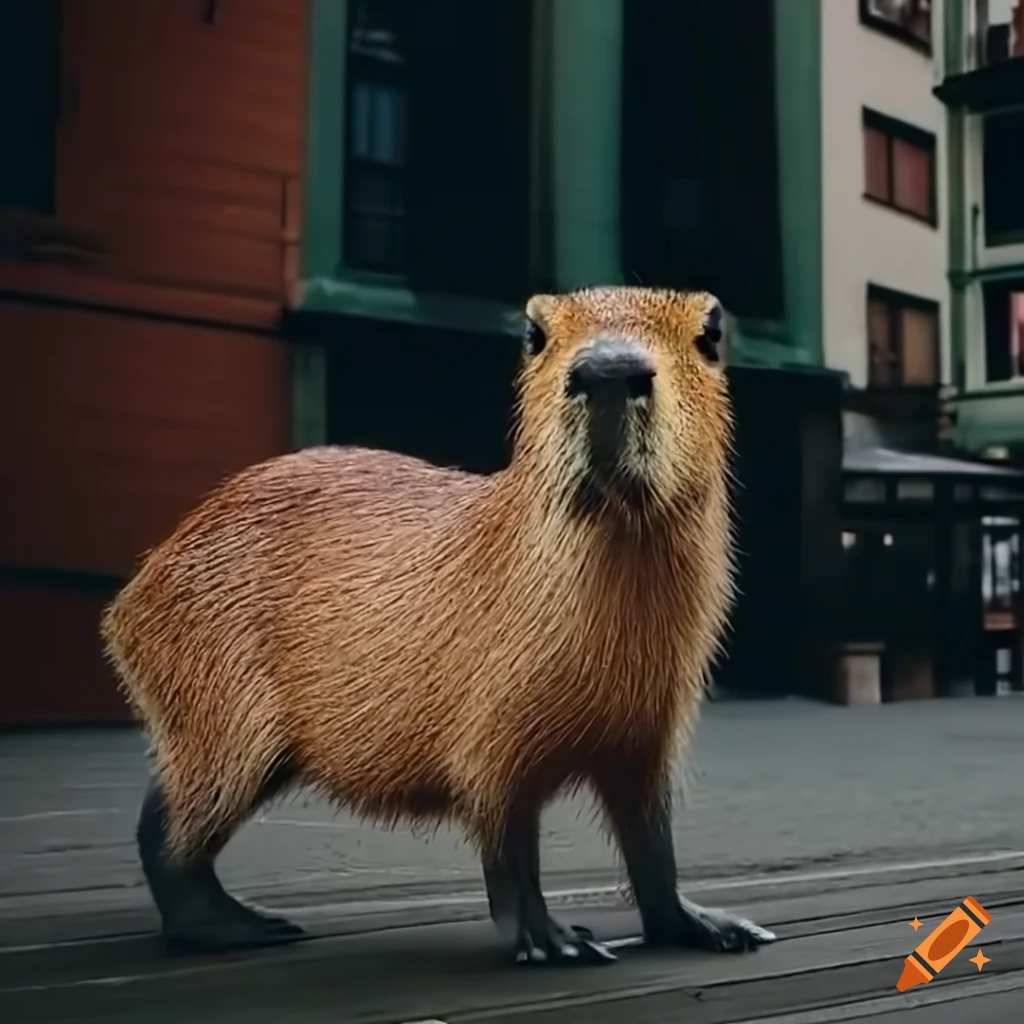 High detailed image of a capybara in the city on Craiyon