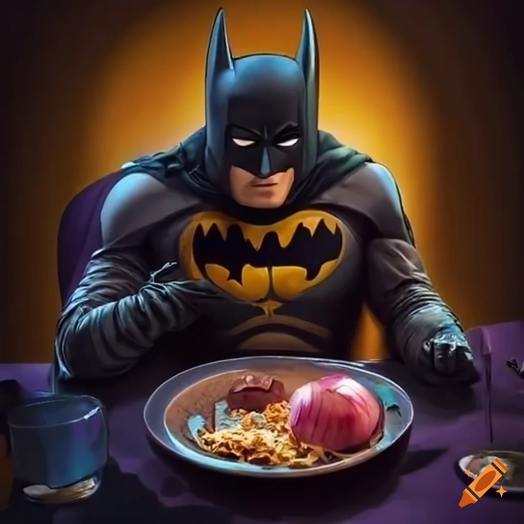 Batman enjoying a meal of iranian ghormesabzi on Craiyon