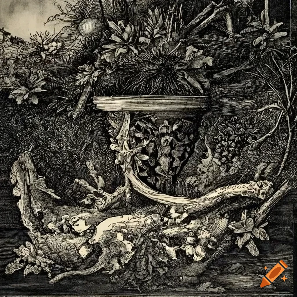 Intricate etching of a chalice made of leaves and bones on Craiyon