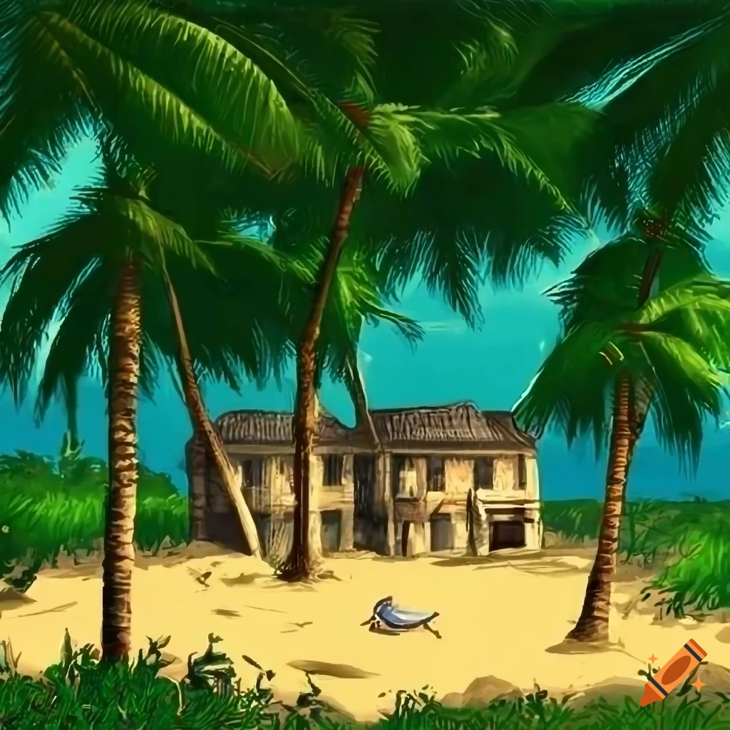Retro game beach scene with palmtrees and buildings on Craiyon