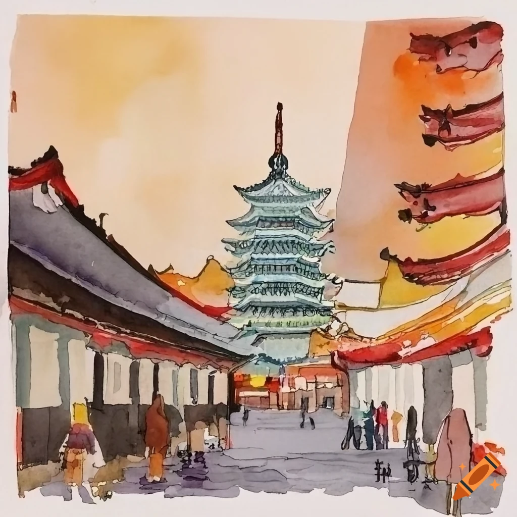 Bright watercolour and ink painting of a fusion of tokyo and beijing on ...