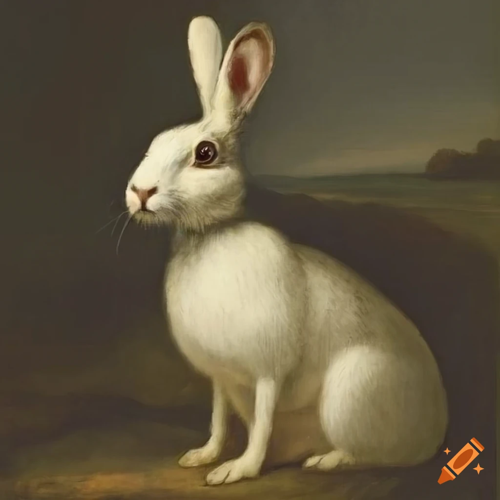1800s oil painting portrait of a white hare looking up to a red bus on ...