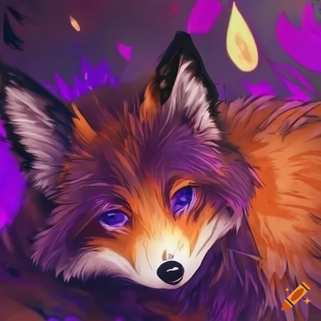 Illustration of a mystical fox in orange and purple colors