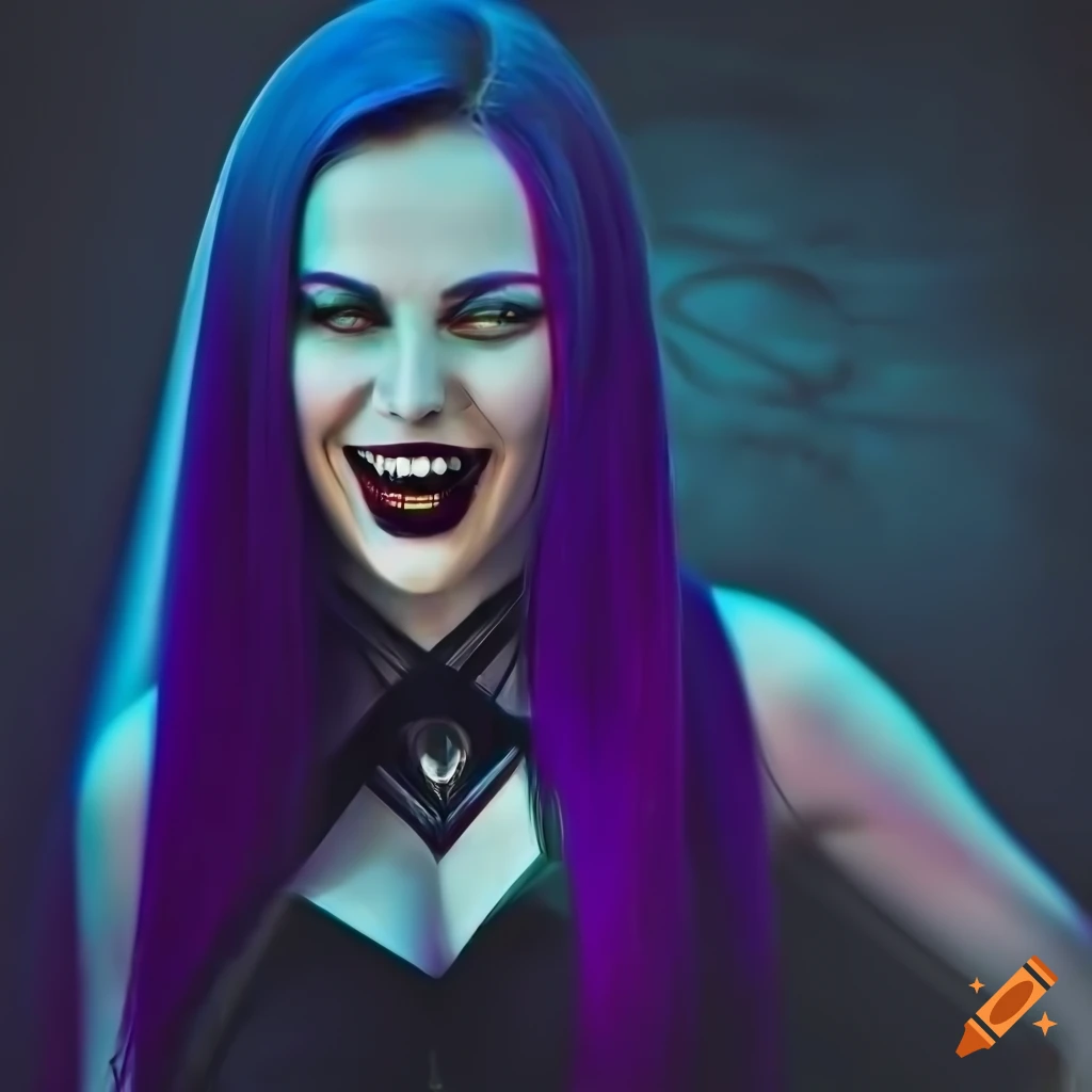 Portrait of a beautiful laughing vampire with long purple hair on Craiyon