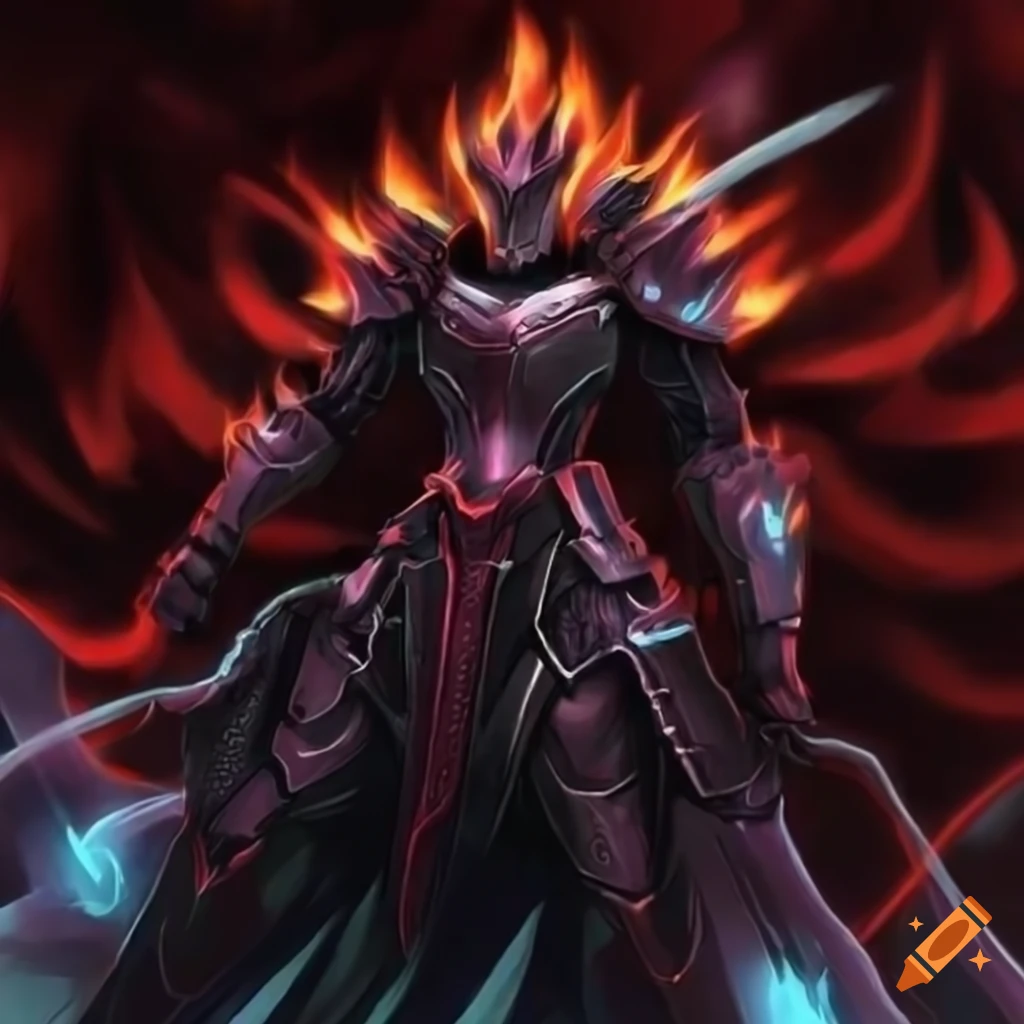 Anime-style illustration of a dark flame knight on Craiyon