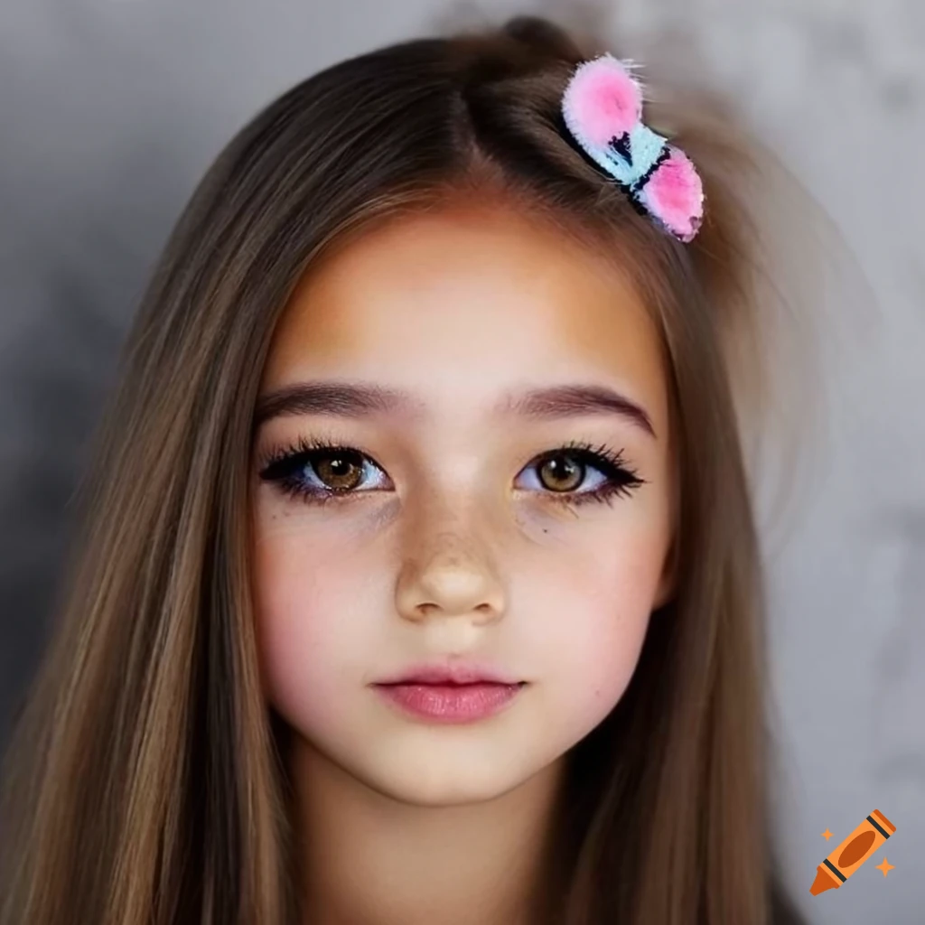 Portrait of an adorable 8-year-old girl with brown hair and freckles on ...