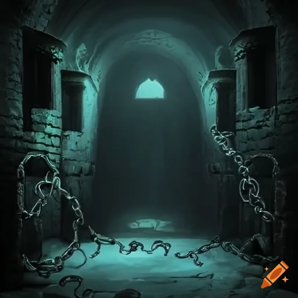 Image of a mysterious dungeon room with chains and torches