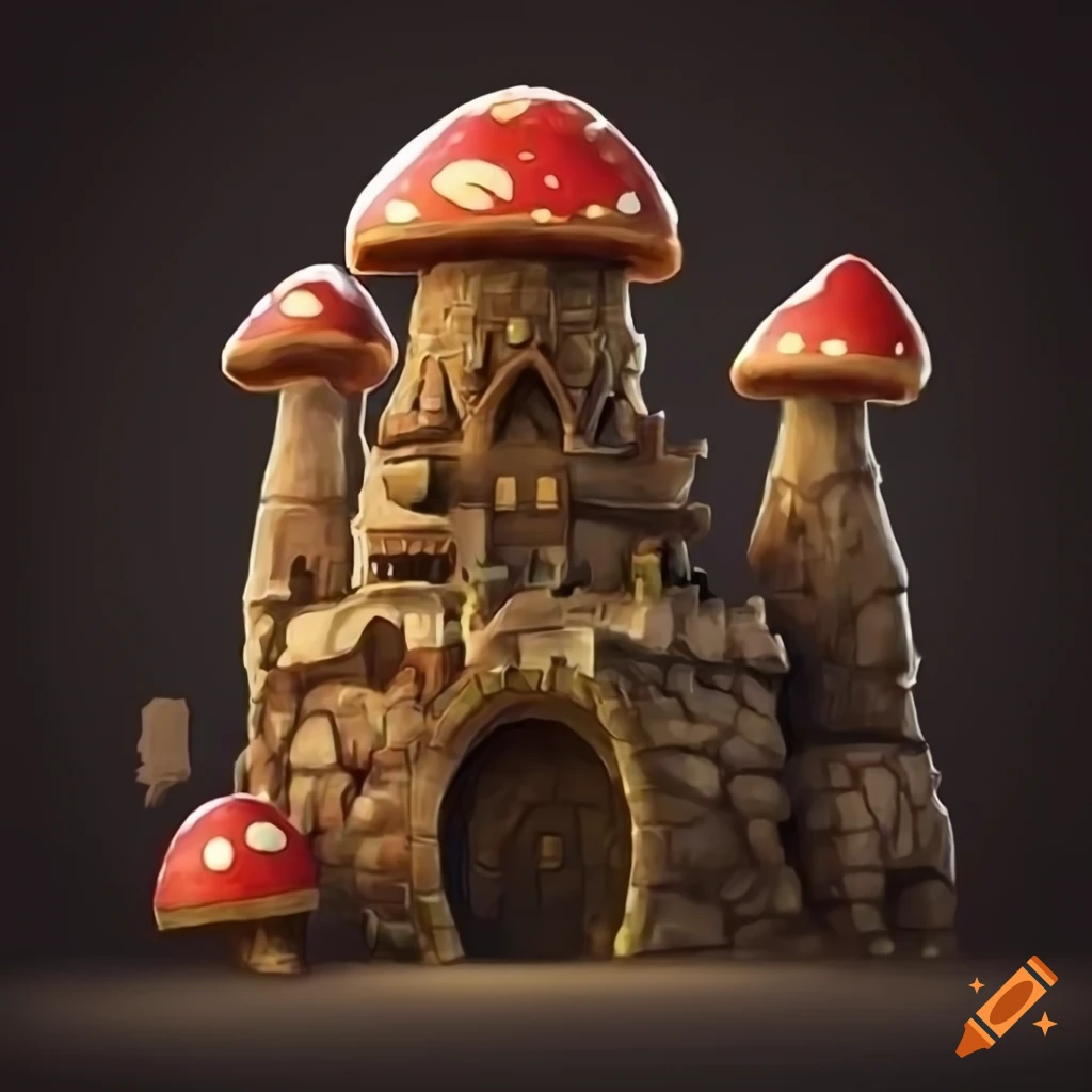 Illustration of a castle made of mushrooms on Craiyon