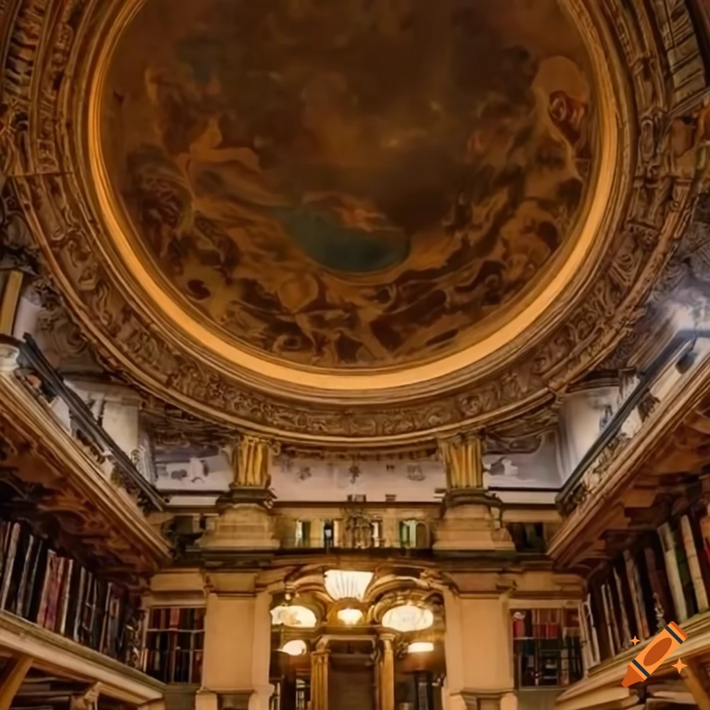 Interior of a grand library with celestial sky clouds and light on Craiyon