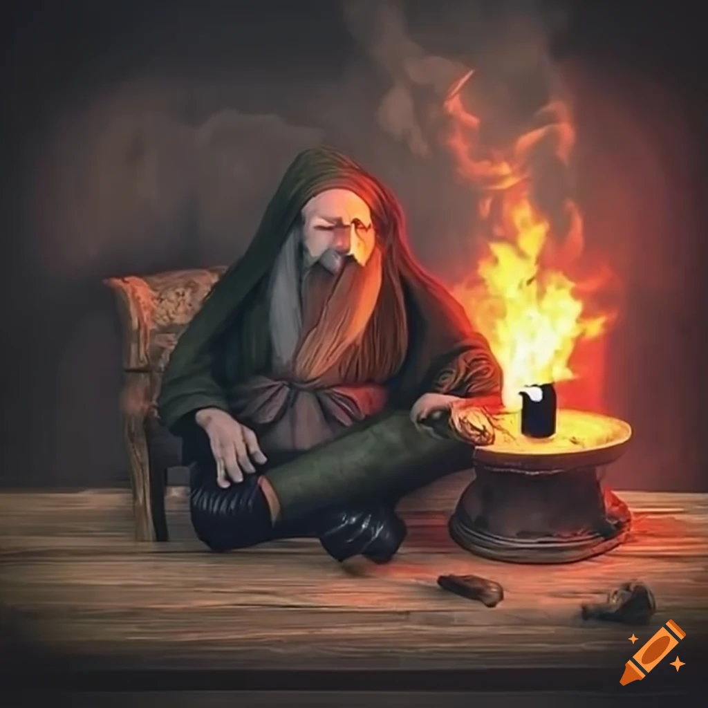 Fantasy illustration of a hobbit smoking a pipe by the fireplace