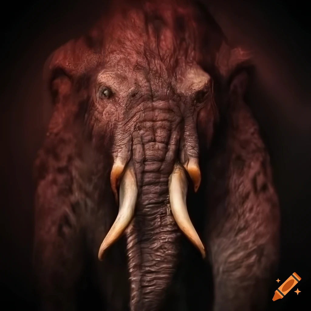 Closeup of a battle-scarred mastodon on Craiyon