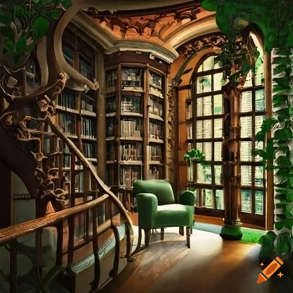 Image of a magical library connected to a futuristic computer room on ...
