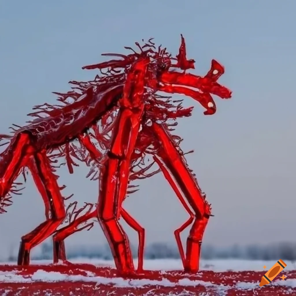 Sculpture of a red glass monster in a snowy field on Craiyon