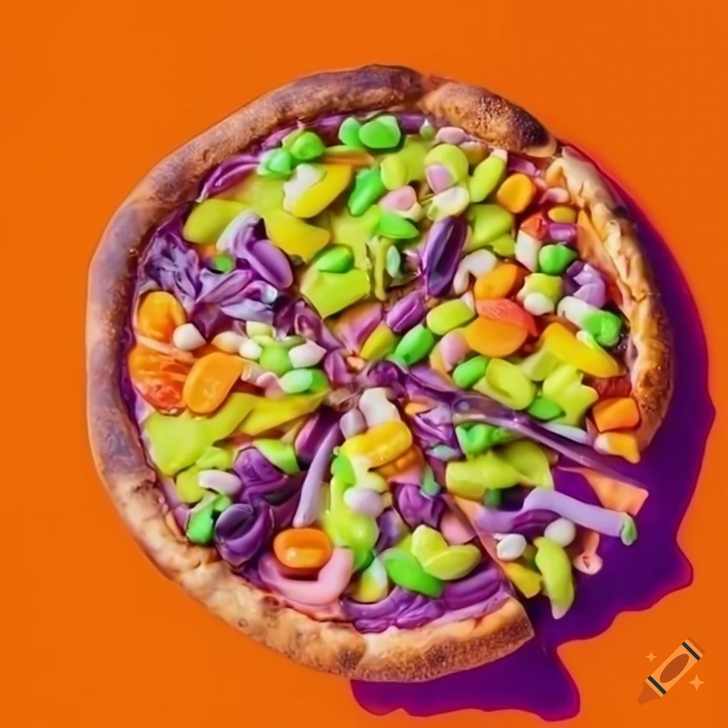 Halloween-themed pizza with colorful candy toppings on Craiyon