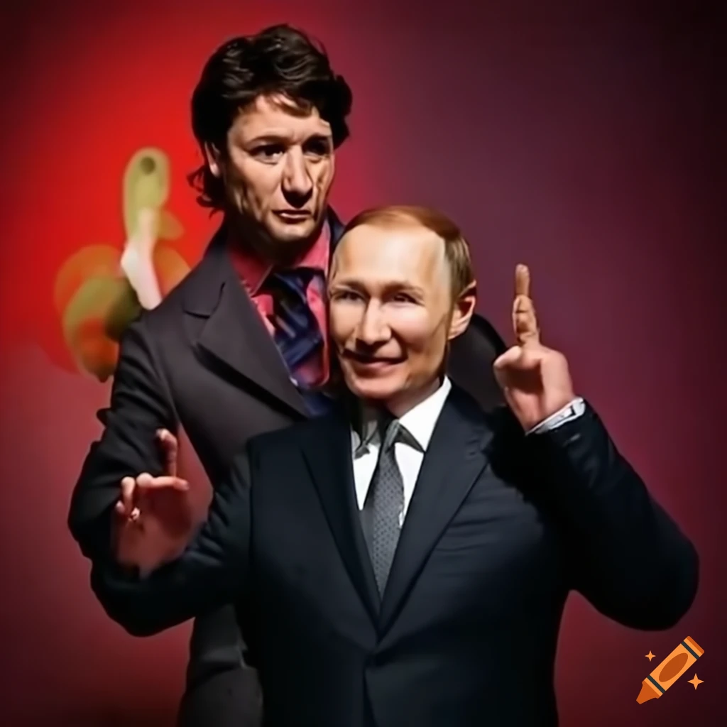 Satirical movie scene of Putin pranking Trudeau and Zelenskyy on Craiyon