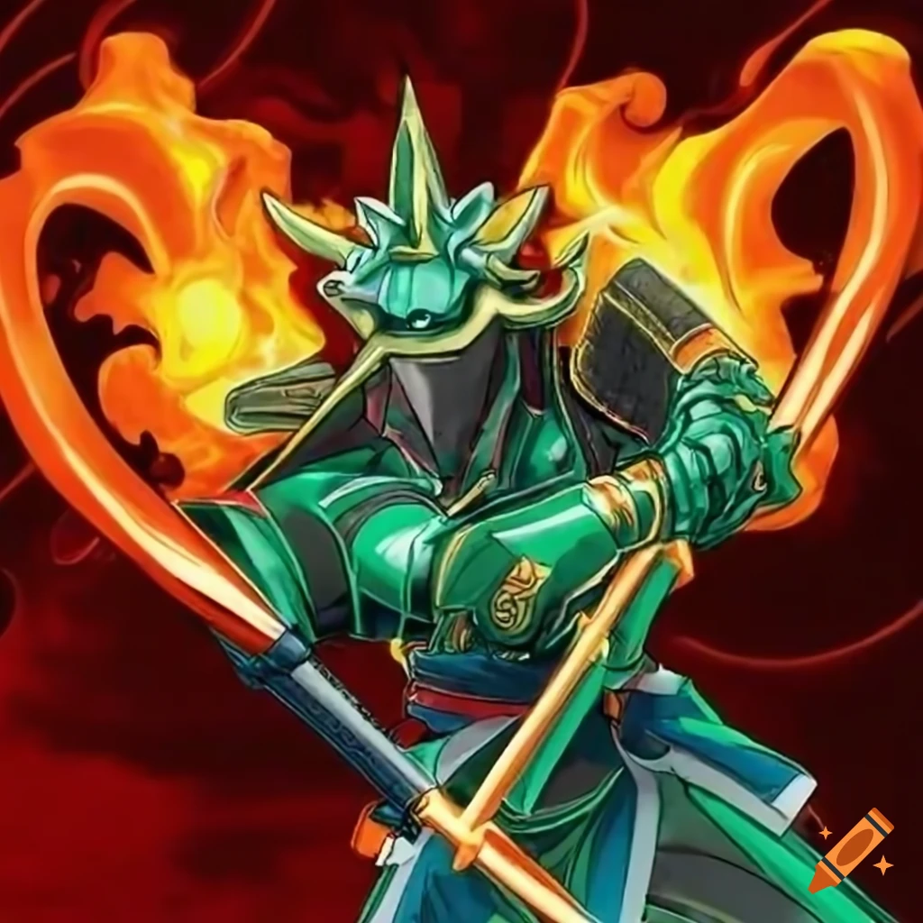 Illustration of a fiery spirit in samurai armor with a flaming sword on ...