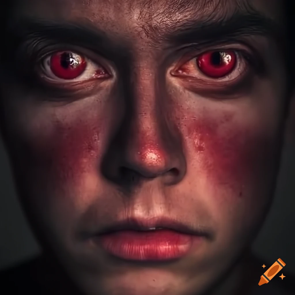 Close-up of a terrified young man with red eyes
