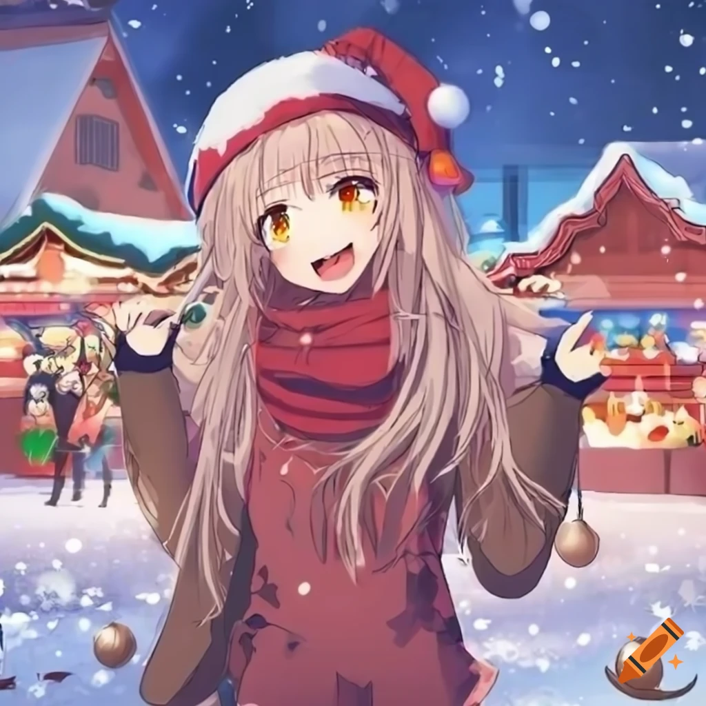 Anime girls decorating a colorful christmas market