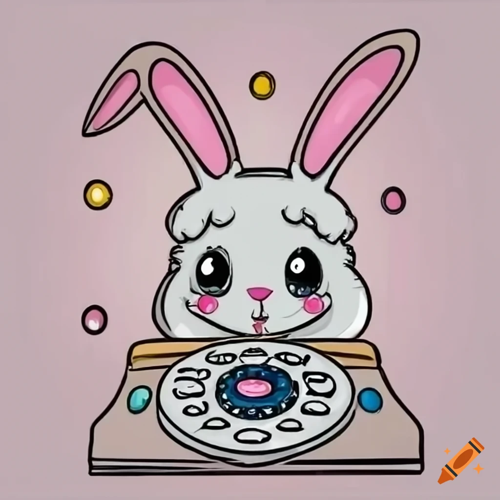 Kawaii white bunny talking on a vintage phone on Craiyon