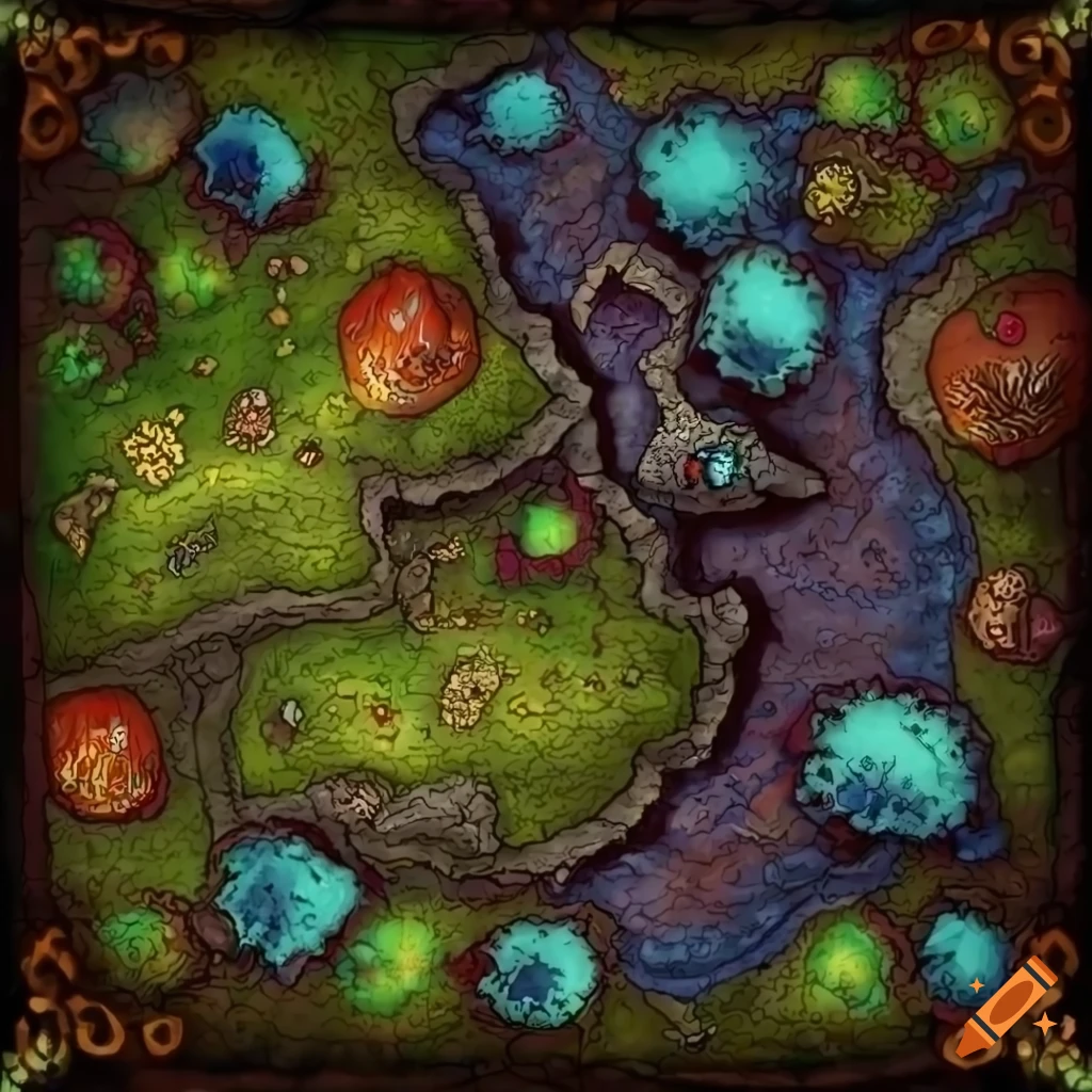 D&d battle map of an illuminated underdark forest on Craiyon