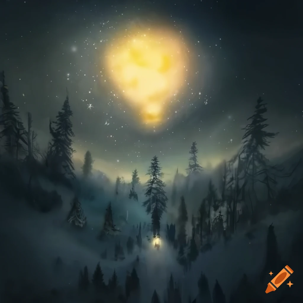 Fantastic snowy scene with sparkling lights in a magical park on Craiyon