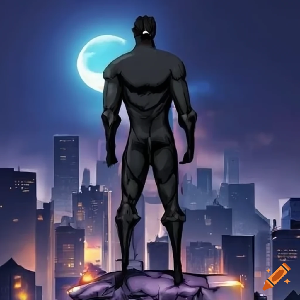 Silhouette of a superhero overlooking the city at night on Craiyon