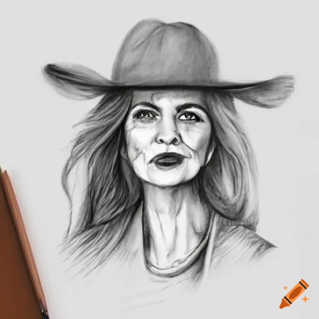 Detailed charcoal drawing of a mature woman cowgirl