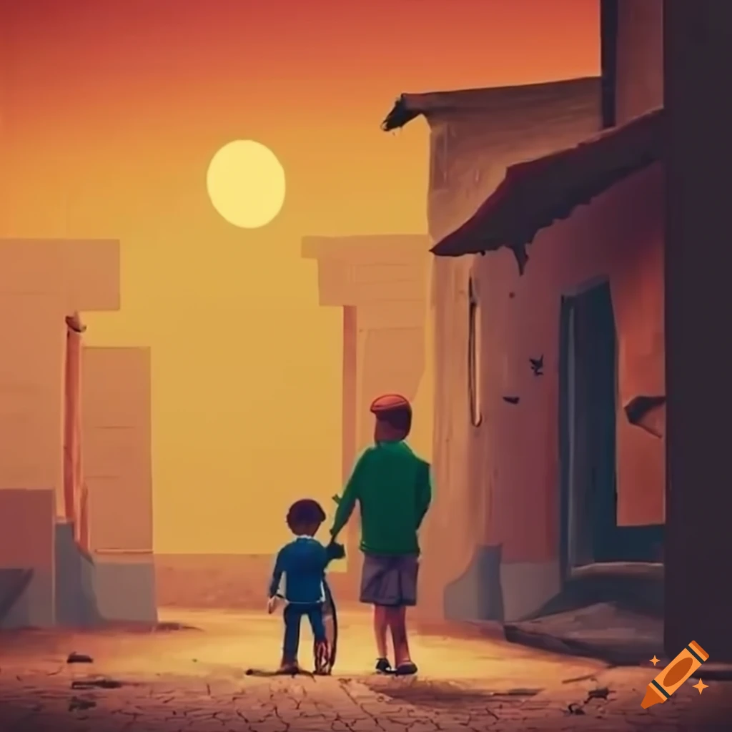 Father and son walking in a village street on Craiyon