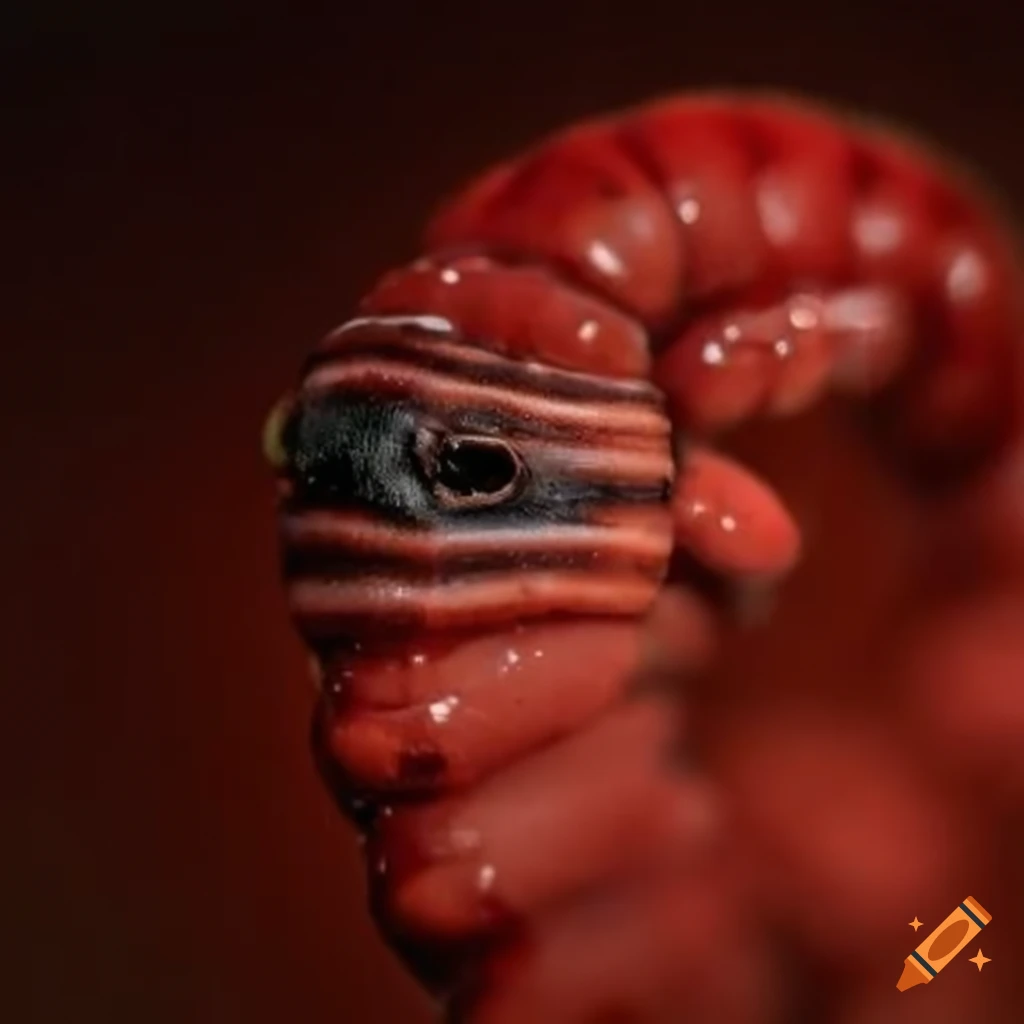 Close-up of a dark red larva on Craiyon