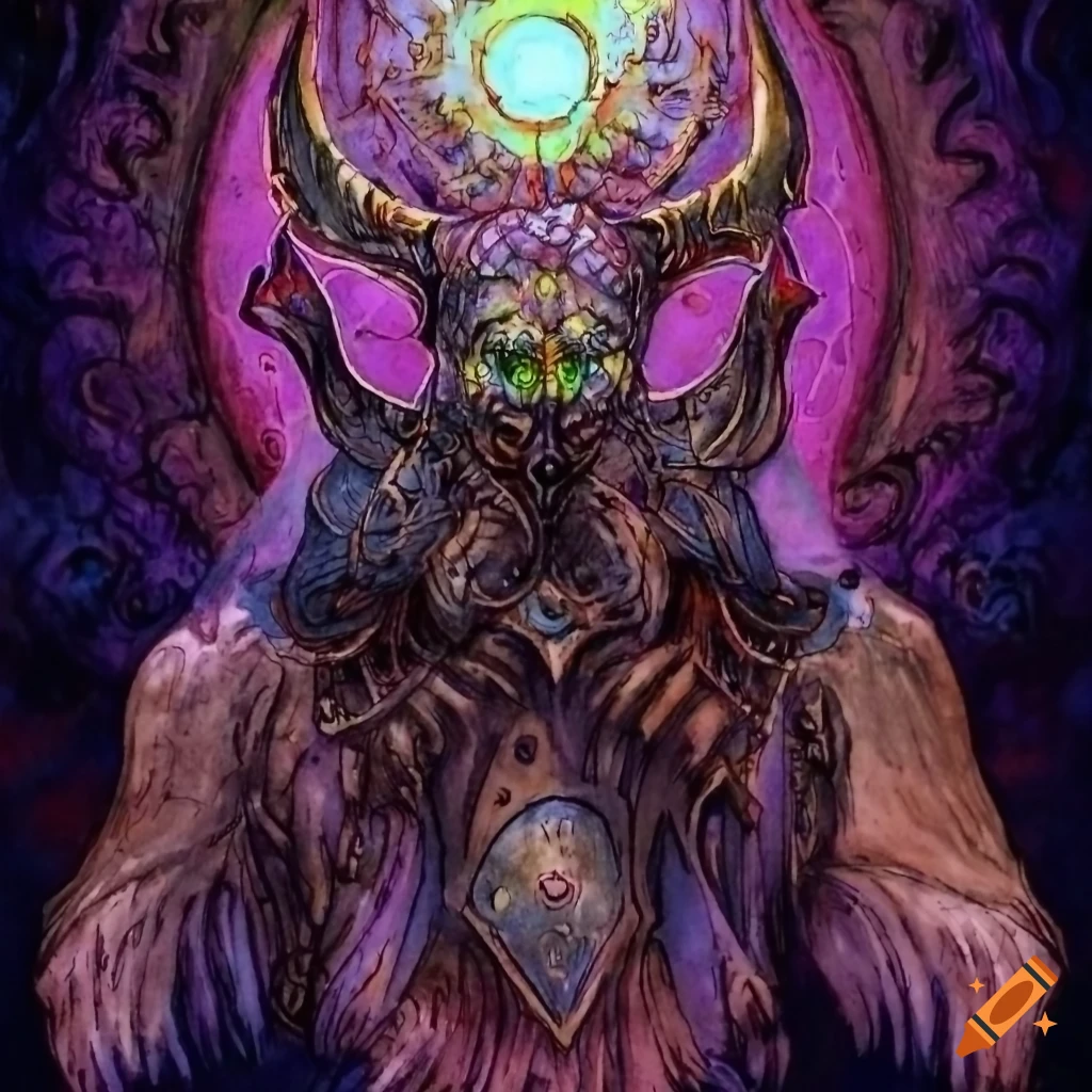 Ink drawing of a god with horns and forge on Craiyon