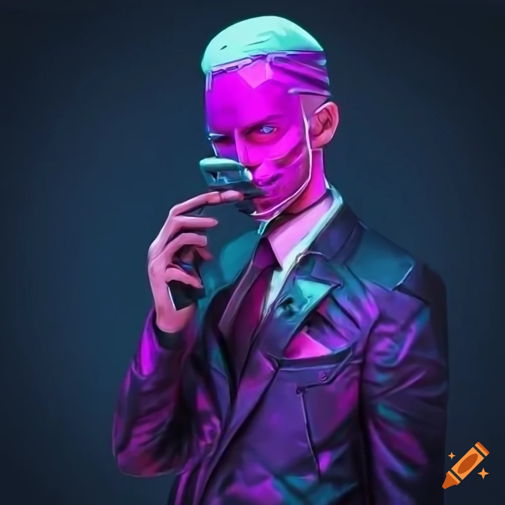 Detailed illustration of a cyberpunk hacker in a suit on Craiyon