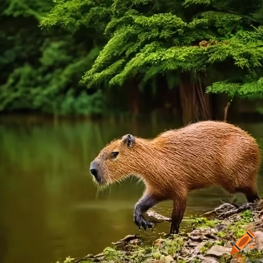 Capybara in a forest next to a lake
