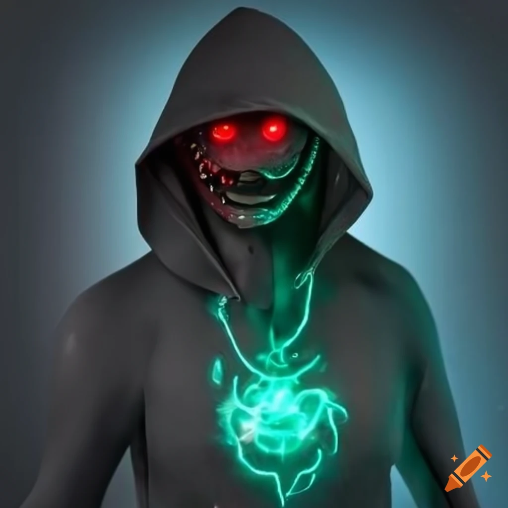 Image of a mysterious figure with glowing red eyes on Craiyon