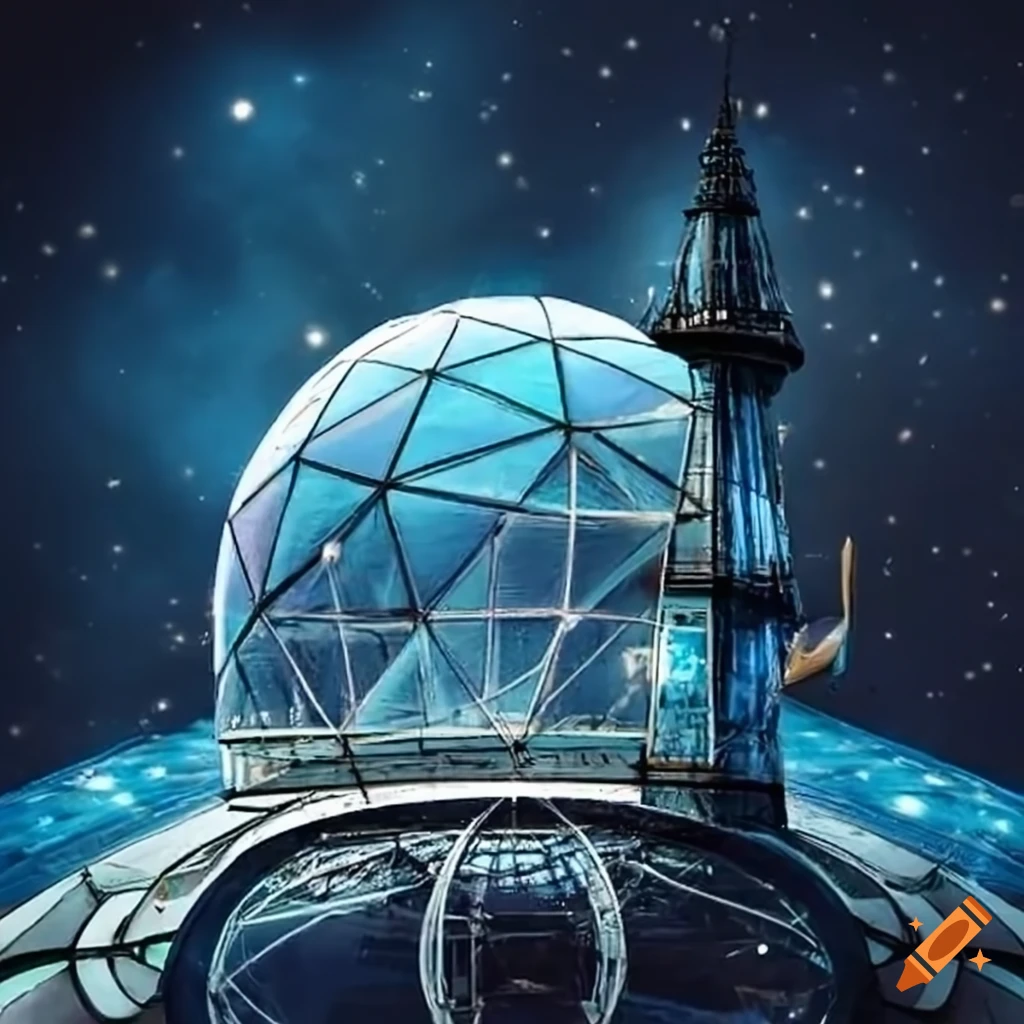 Floating glass dome with a tower in space on Craiyon