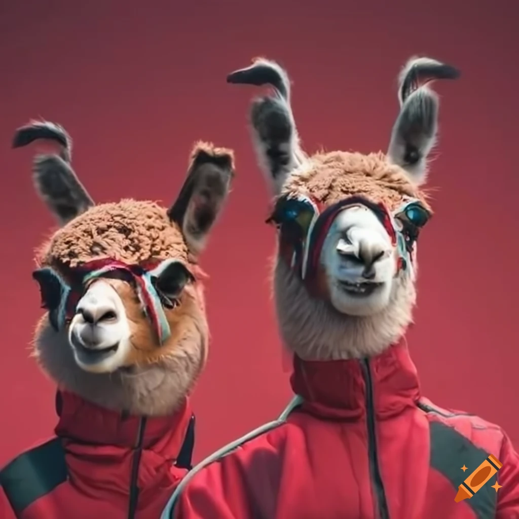 Llamas wearing red tracksuits on Craiyon