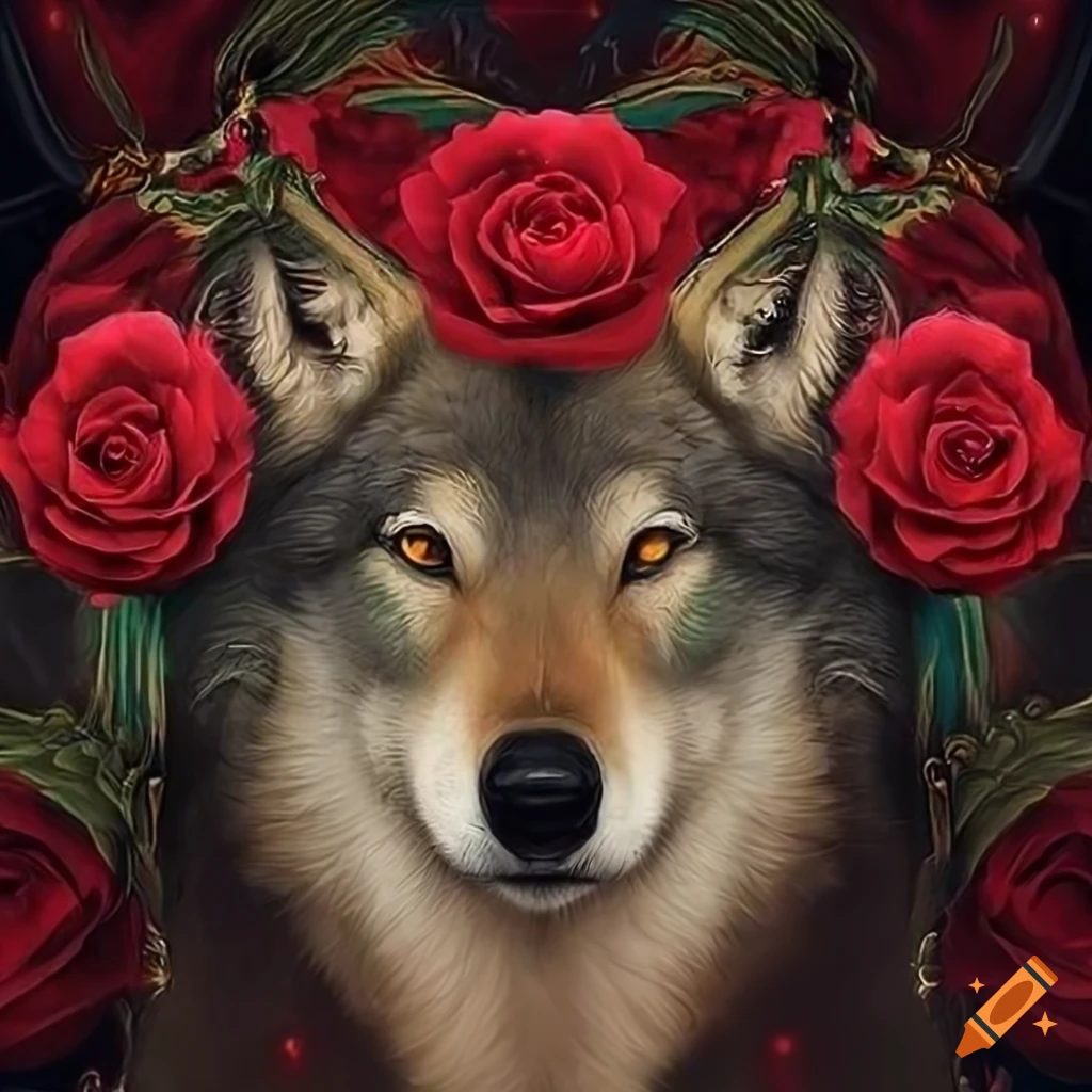 Art deco poster of a crowned wolf with red roses on Craiyon