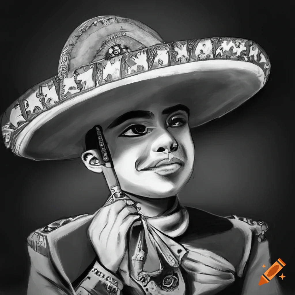 Black and white pencil sketch of a mariachi musician on Craiyon