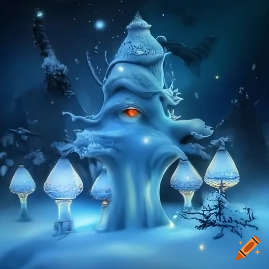 Surreal snowy landscape with magical creatures on Craiyon