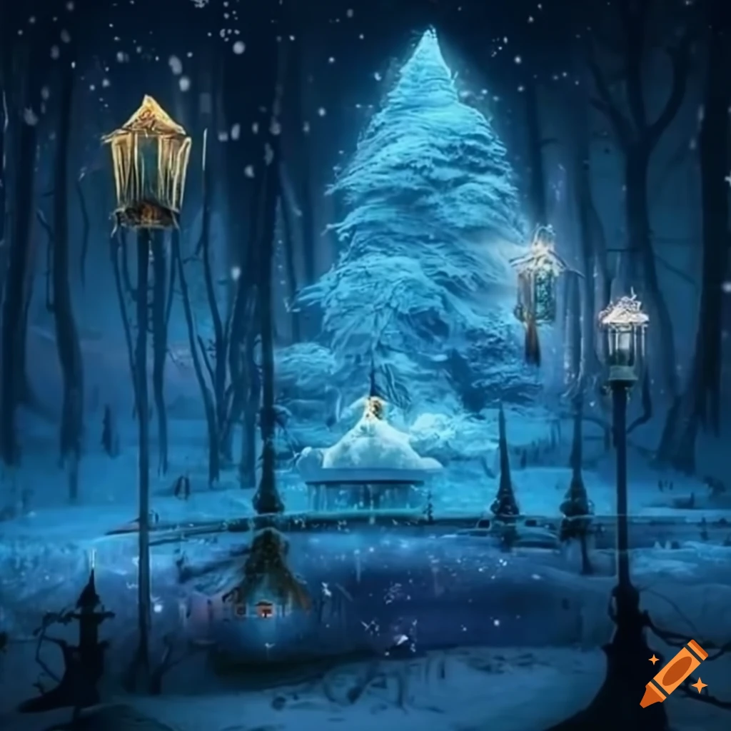 Fantastic snowy landscape with surreal creatures and magical lights on ...