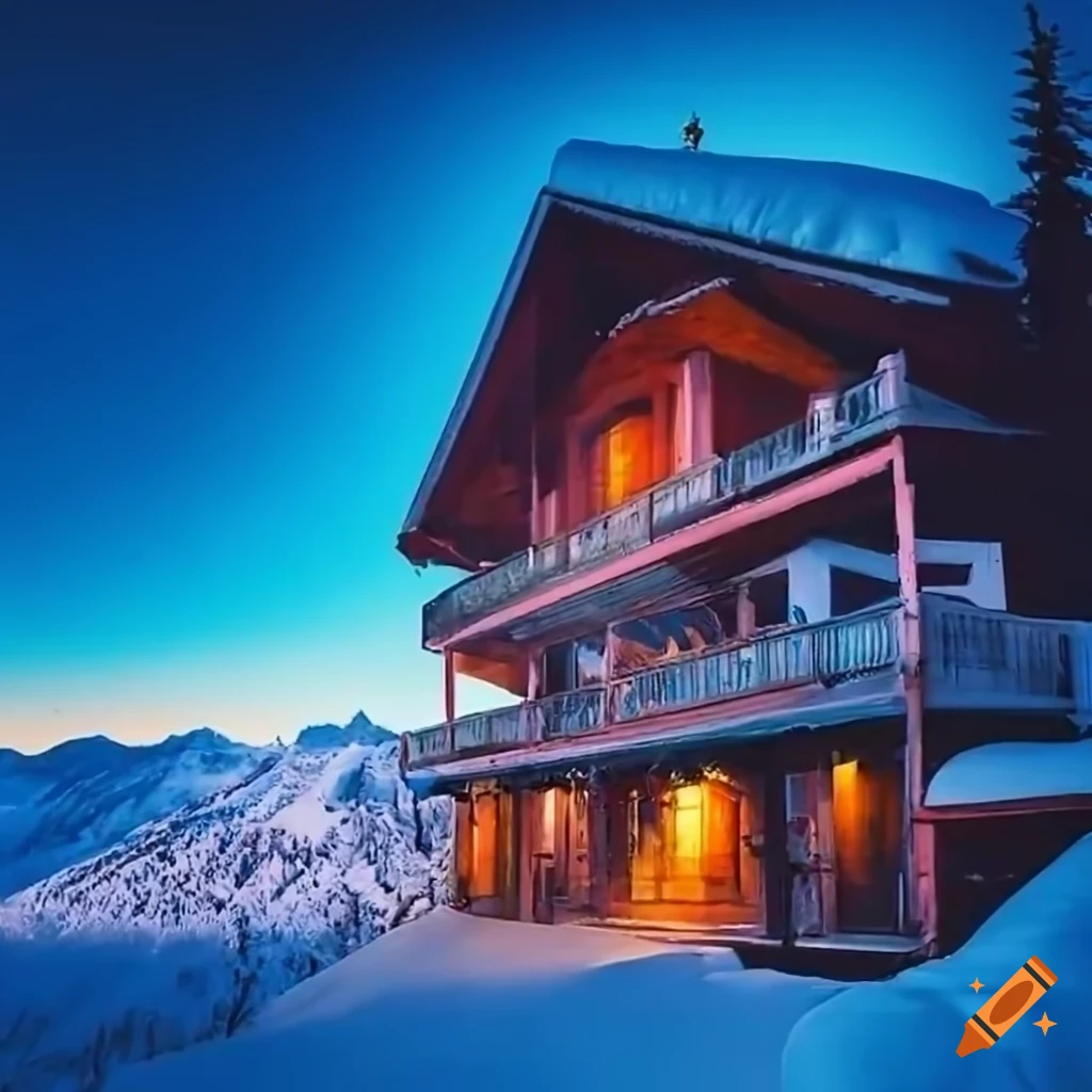 Snow-covered ski lodge in the mountains