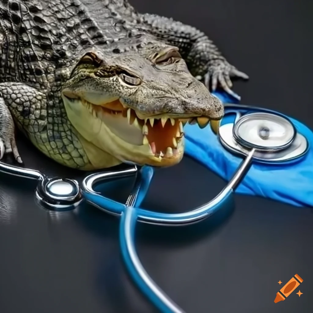 Funny crocodile in lab coat and stethoscope on Craiyon
