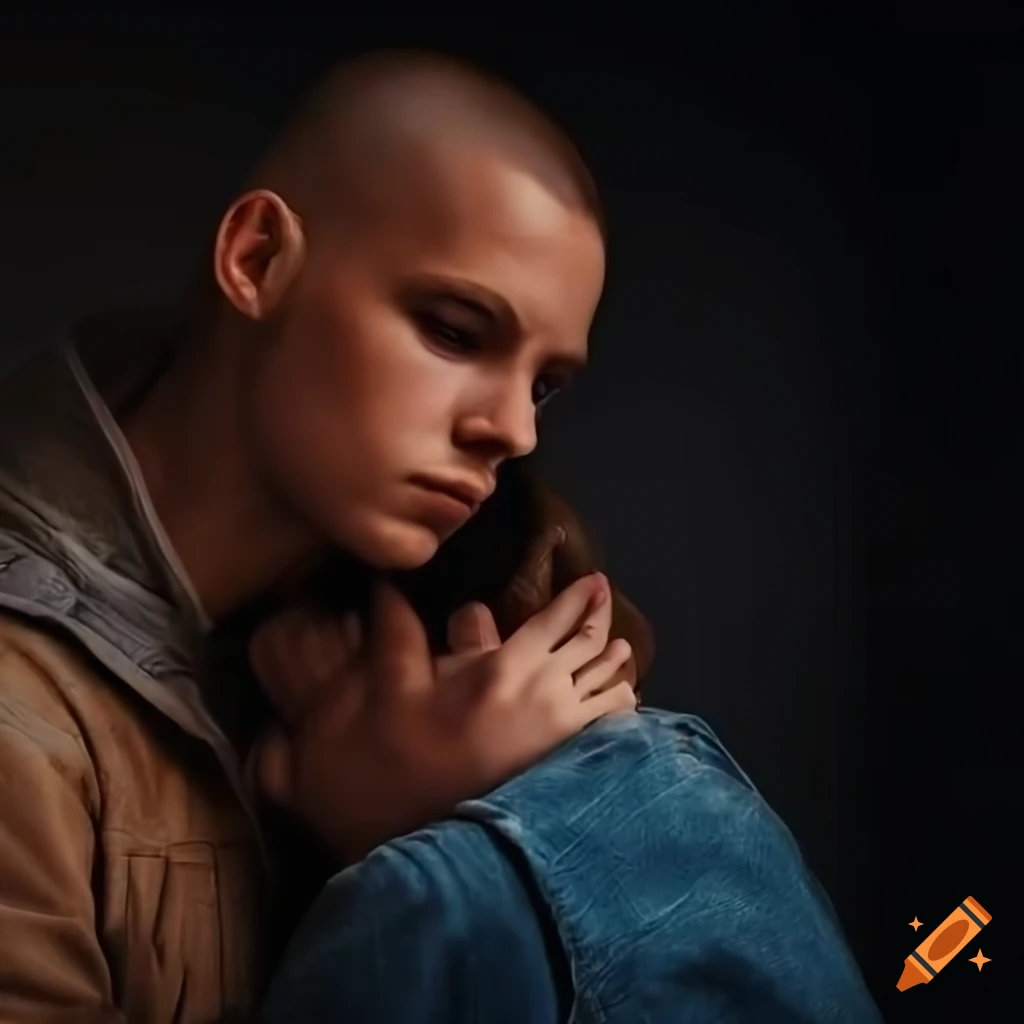 Photo-realistic image of two guys hugging in a small room on Craiyon
